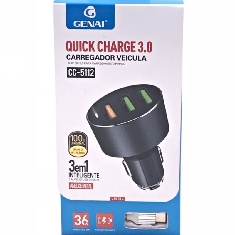 Kit Carregador Veicular Genai 3 Usb Turbo Cabo Usb Type C CC 5112